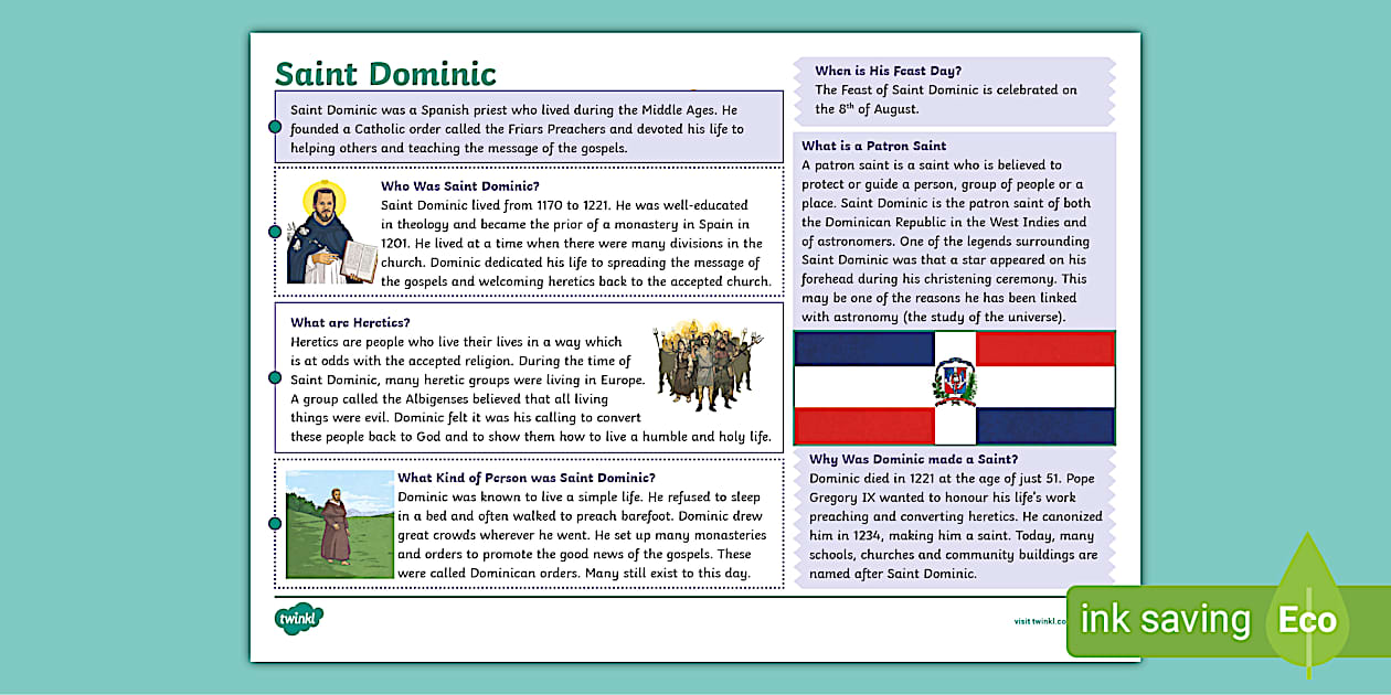 KS2 Saint Dominic Fact File (teacher made) - Twinkl