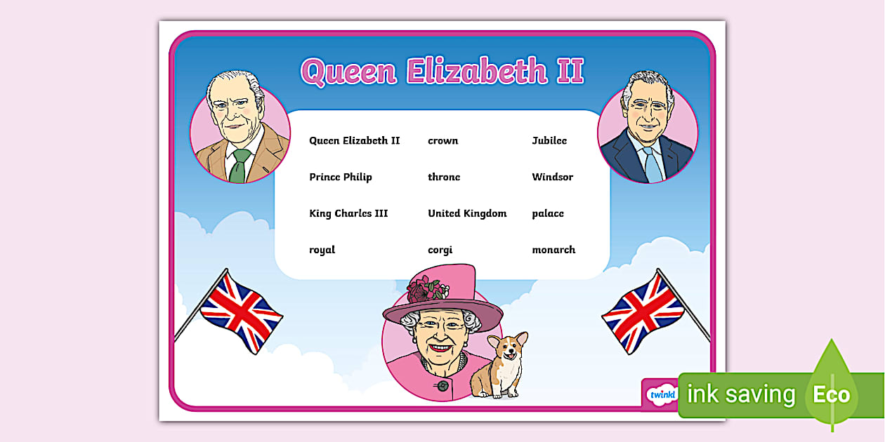 KS1 Queen Elizabeth II Word Mat,The Queen Word Mat - Twinkl