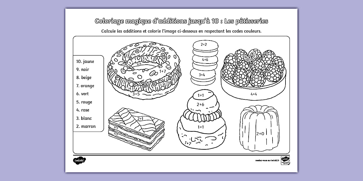 Coloriage magique d'additions jusqu'à 10 : Les pâtisseries