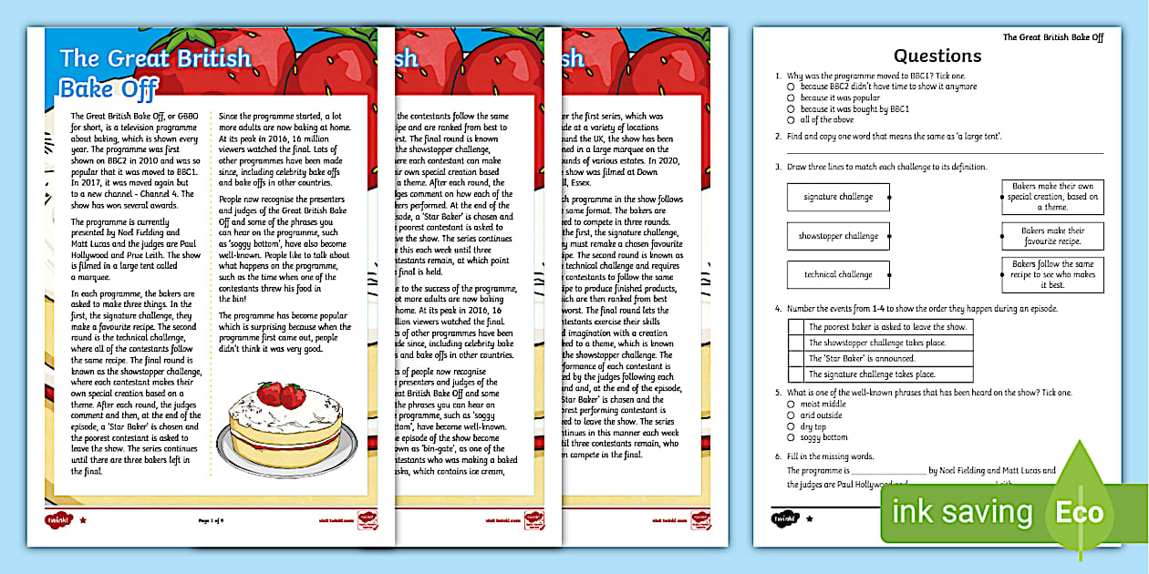 LKS2 The Great British Bake Off Differentiated Reading Comprehension ...