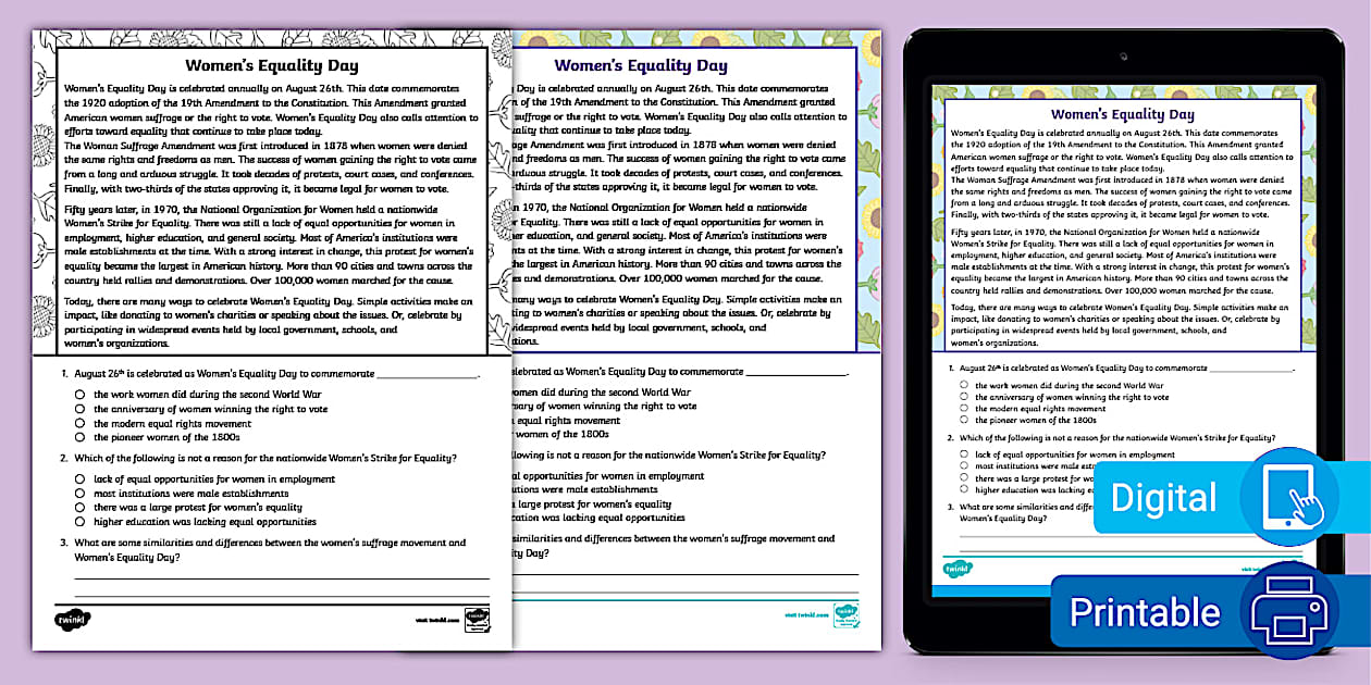 Sixth Grade Women's Equality Day Reading Passage Comprehension