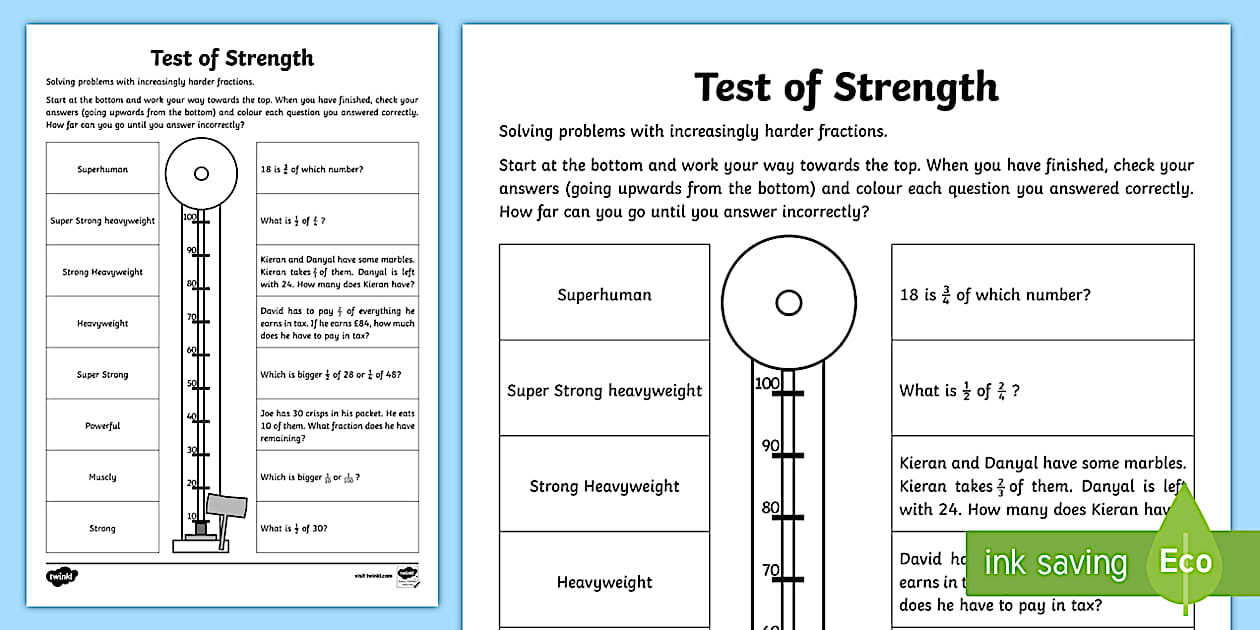 Test of Strength Fraction Worksheet / Worksheet - Twinkl