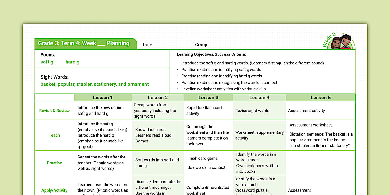 Grade 3 Phonics: Soft g and Hard g: Weekly Planning - Twinkl