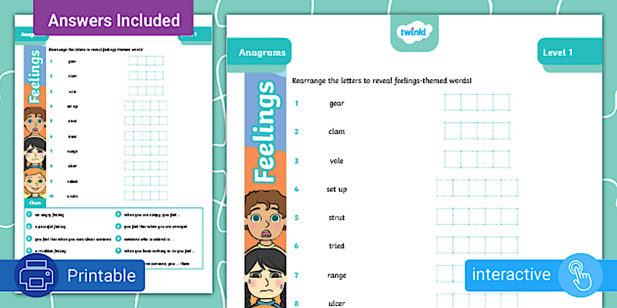 Feelings Anagrams - Level 1 - Twinkl - Kids Puzzles - Twinkl