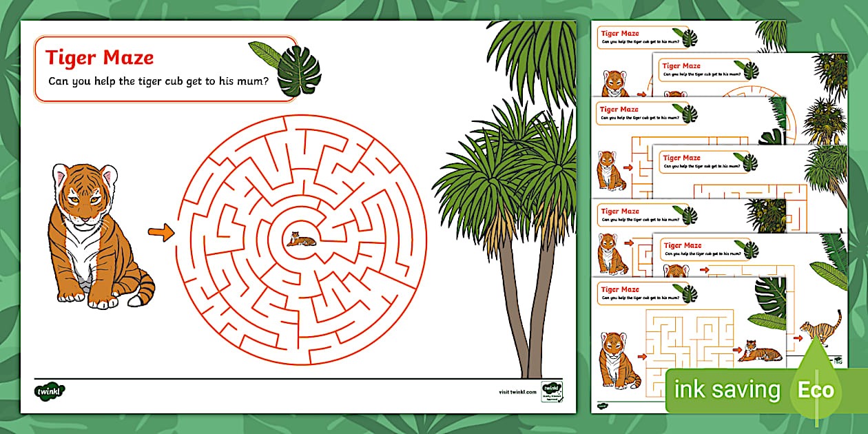 Tiger Maze Activity Worksheets (teacher made) - Twinkl