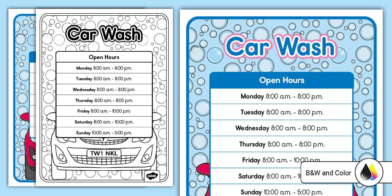 Car Wash Dramatic Play Hours Sign (teacher made) - Twinkl