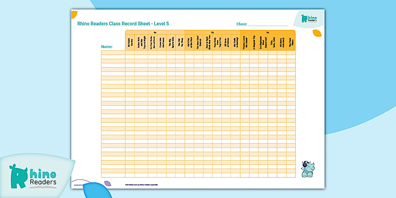 Rhino Readers Class Record Sheet - Level 5 (Teacher-Made)