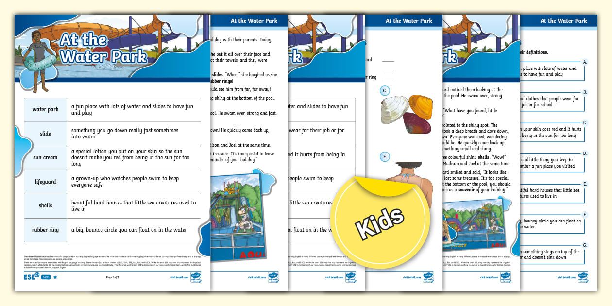 ESL Water Park Differentiated Reading Comprehension Kids