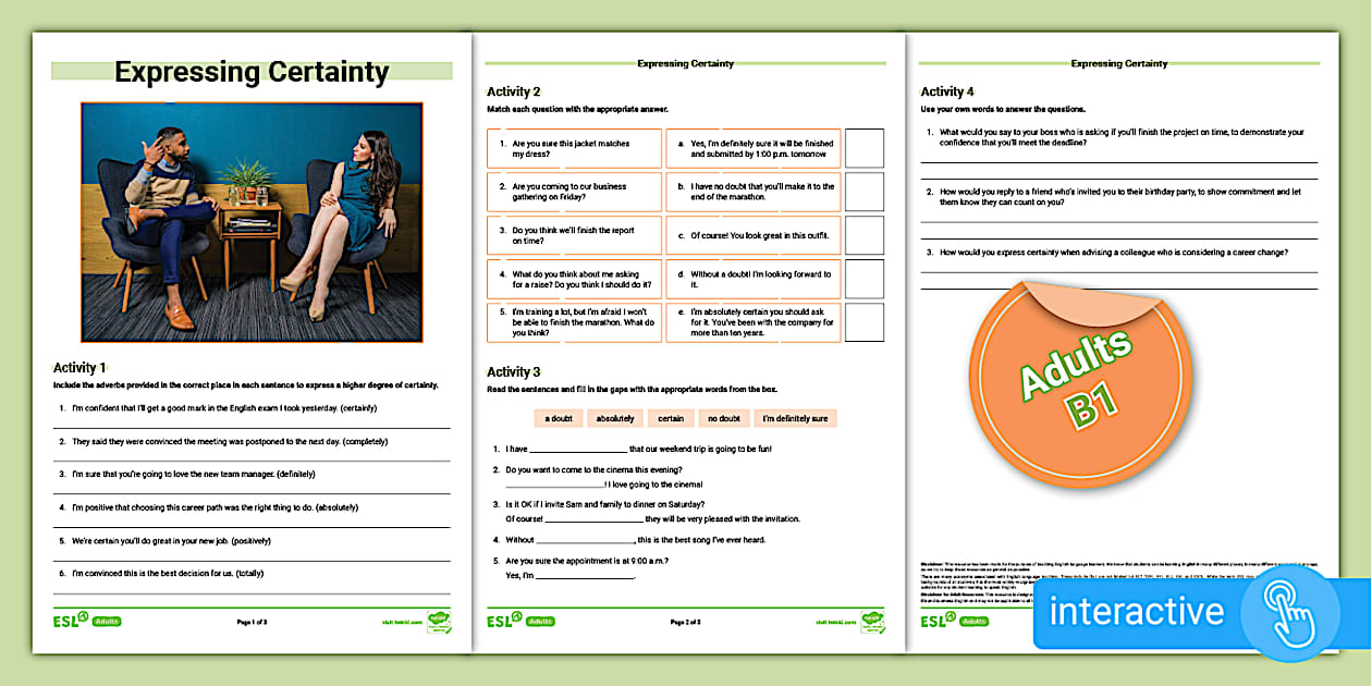 ESL Expressing Certainty Activity Sheet [Adults, B1]