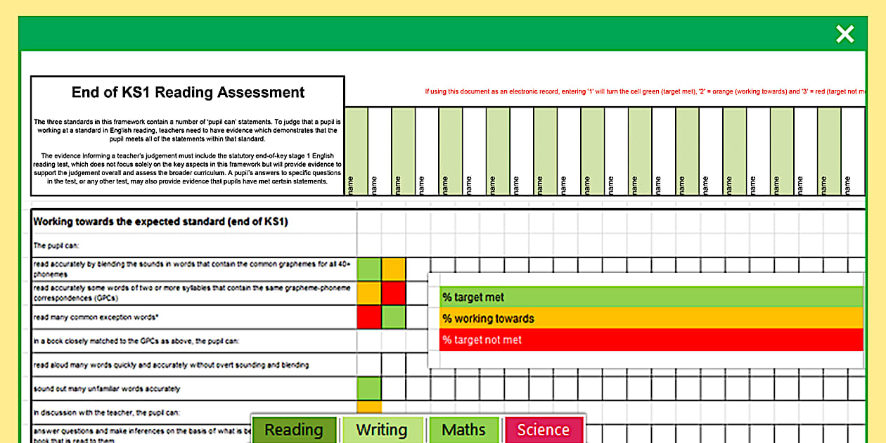 End of KS1 Interim Assessment Spreadsheet Reading Writing Maths Science