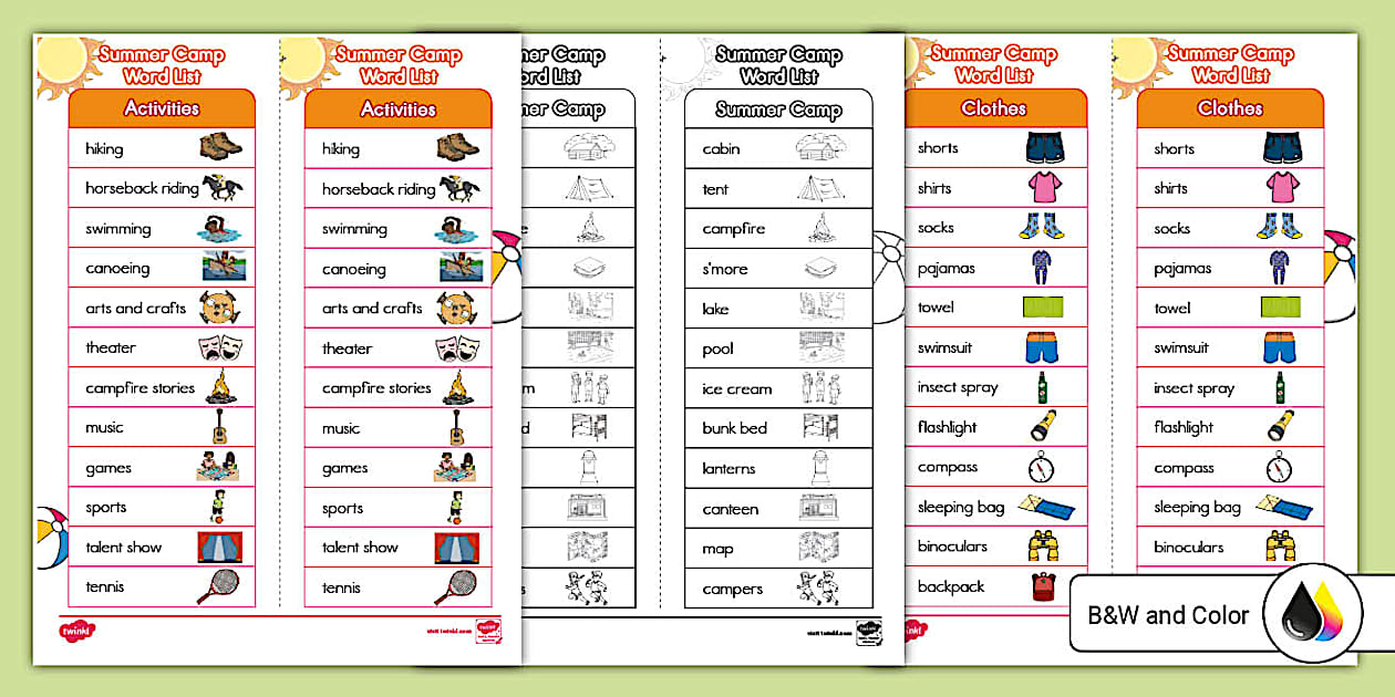 Summer Camp Mini Word Lists (teacher made) - Twinkl
