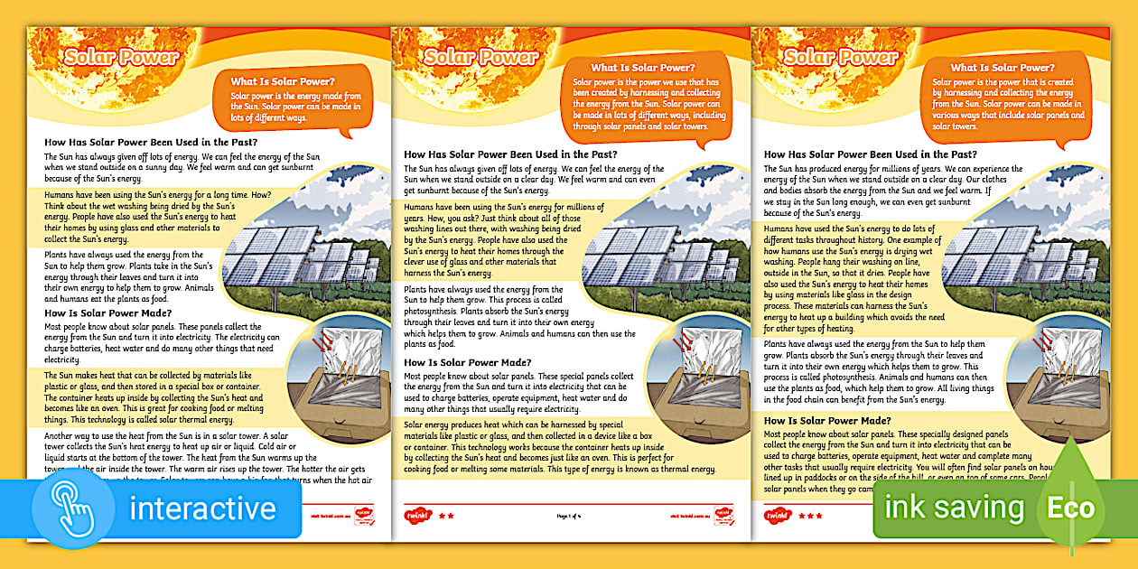 Solar Power Differentiated Reading Comprehension - Twinkl