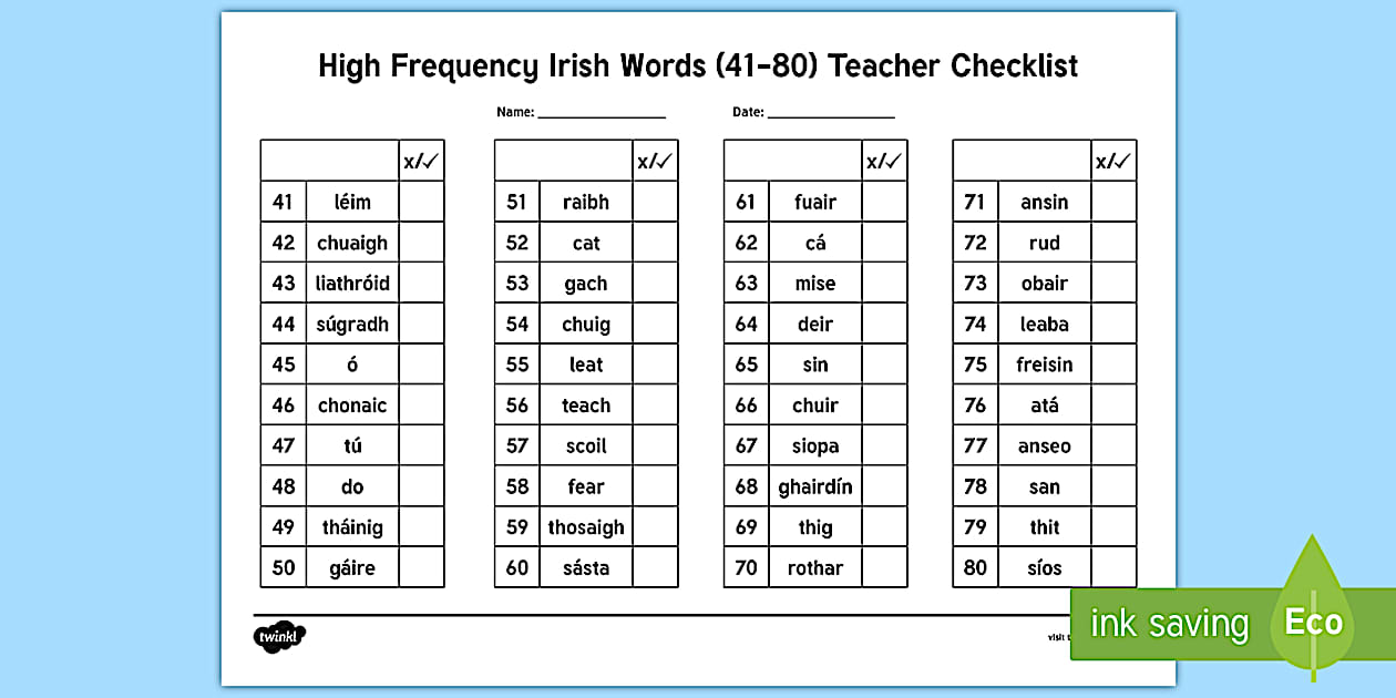 Editable High Frequency Irish Words (41-80) Teacher Checklist Gaeilge