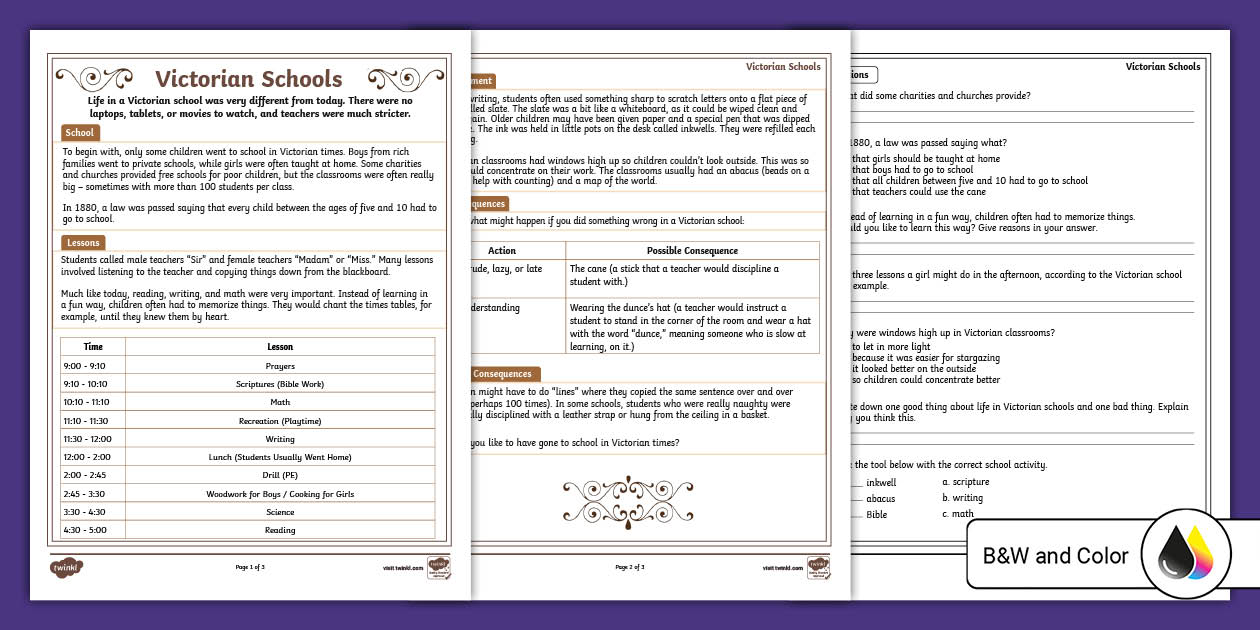 Seventh Grade Victorian Schools Reading Worksheet