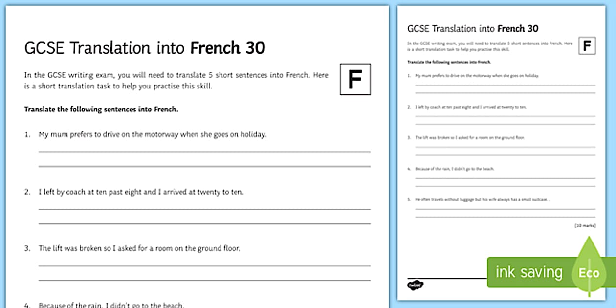 GCSE Translation into French 30 Foundation Tier Worksheet / Worksheet