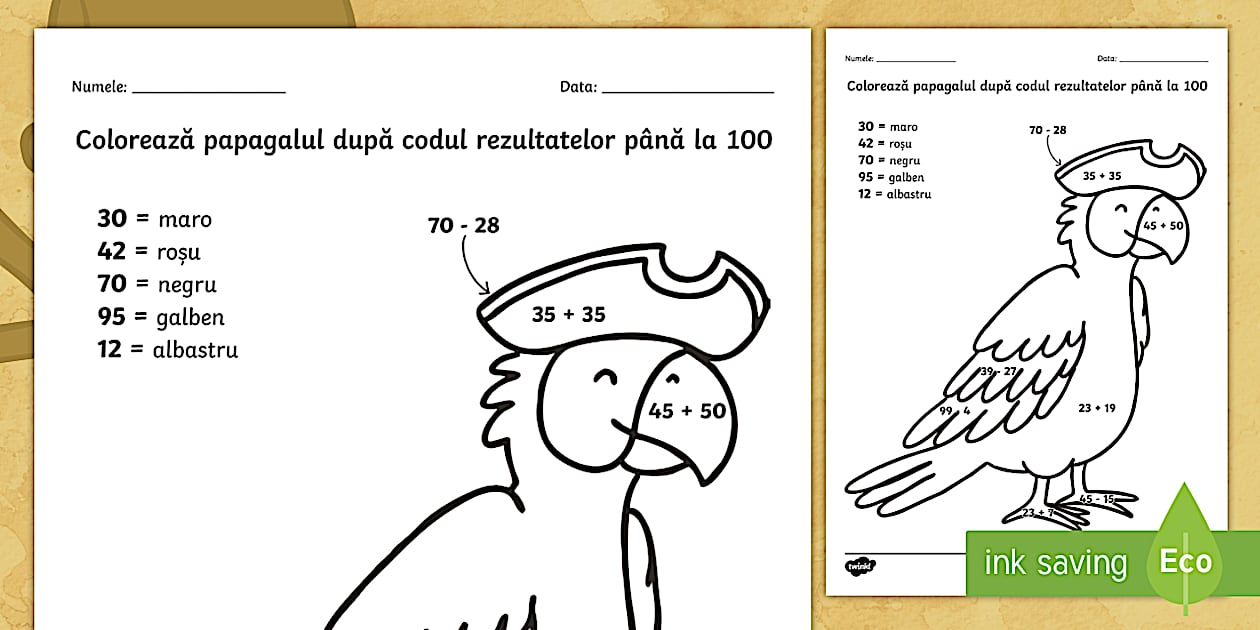 Adunări până la 100 cu tema „Pirați” Colorează după codul numerelor