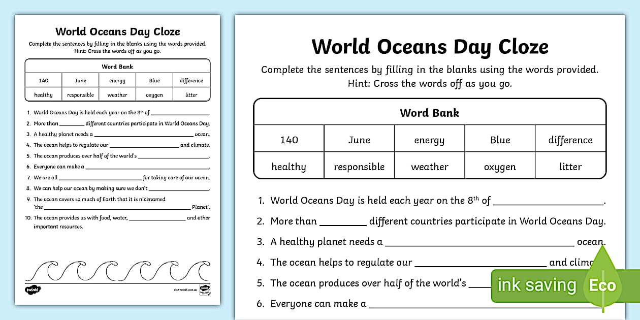 World Oceans Day Cloze Activity (Hecho por educadores)