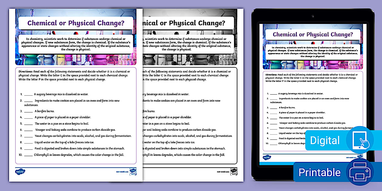Chemical or Physical Changes Worksheet for 6th-8th Grade