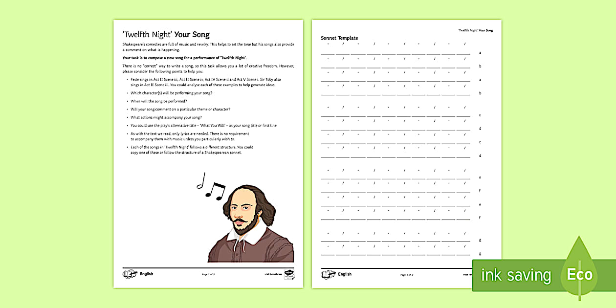 GCSE Twelfth Night: Your Song Worksheet (Teacher-Made)