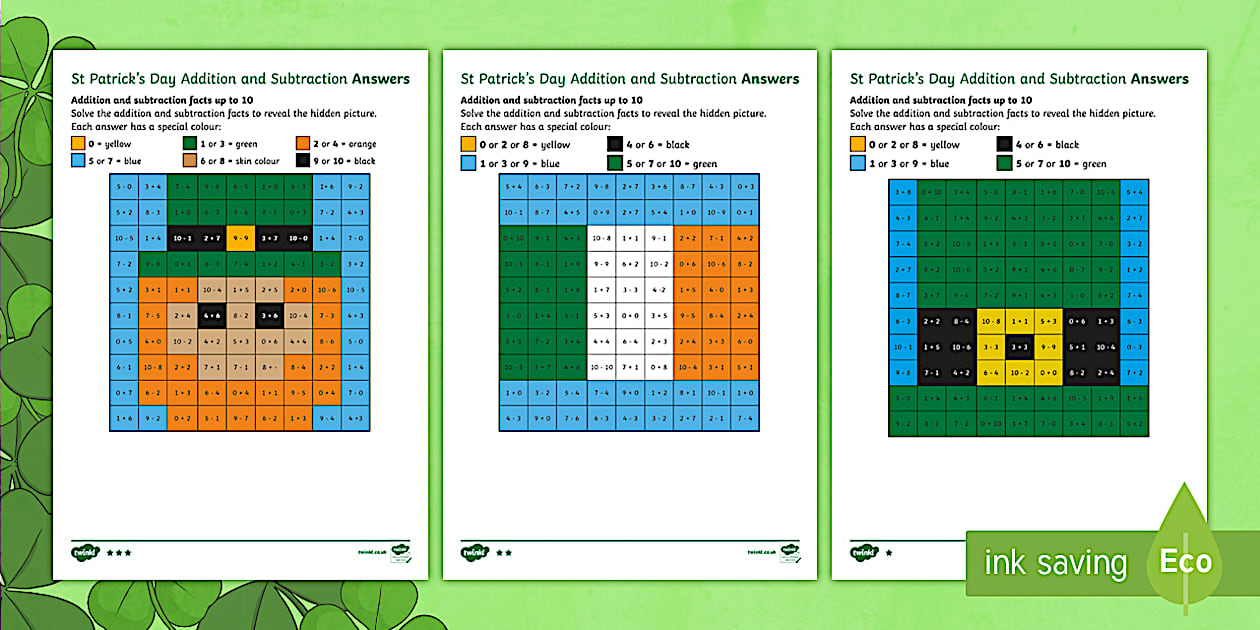 EYFS St Patrick's Day Addition and Subtraction Facts up to 10