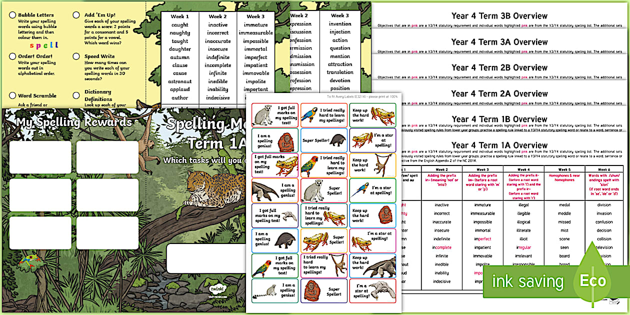 Year 4 Rainforest Themed Spelling Menu Pack - Twinkl