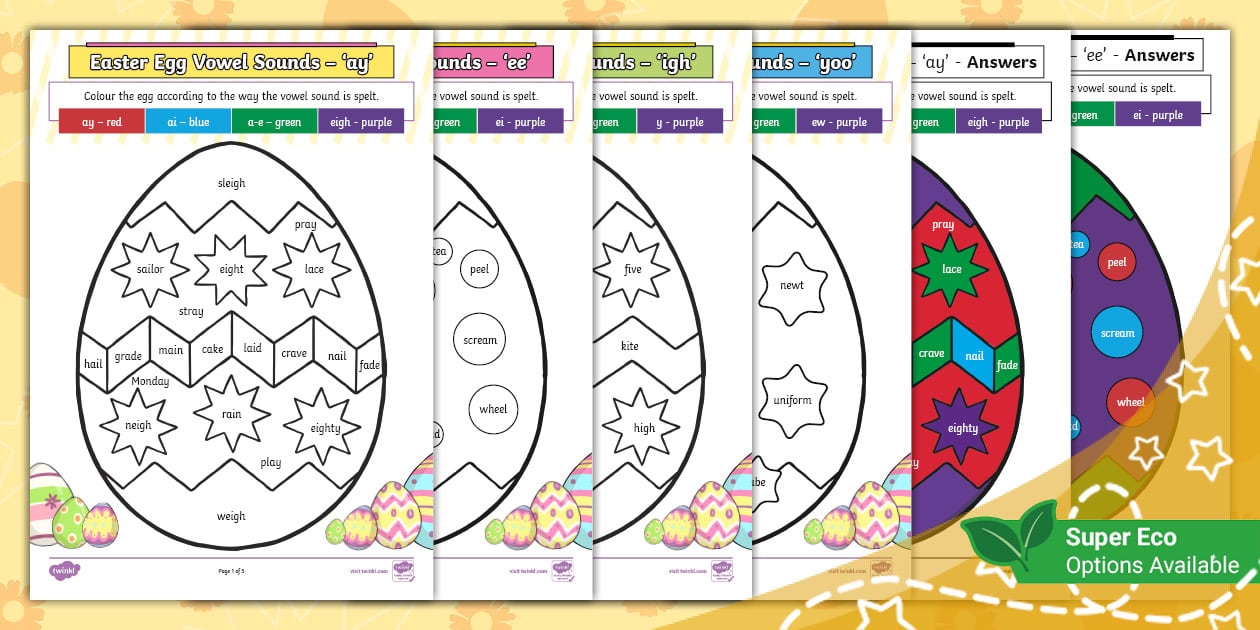 Easter Egg Vowel Spelling and Colour Activity Sheets (Ages 5 - 7)