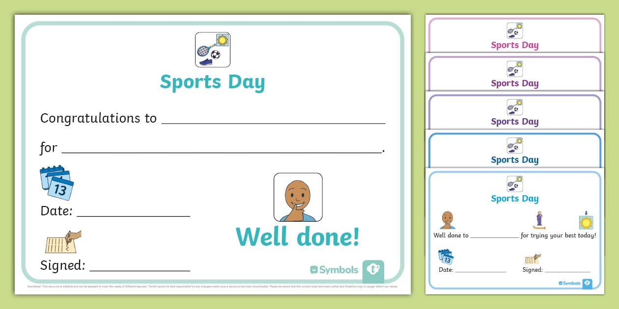 Twinkl Symbols: Sports Day Certificates Pack (teacher made)