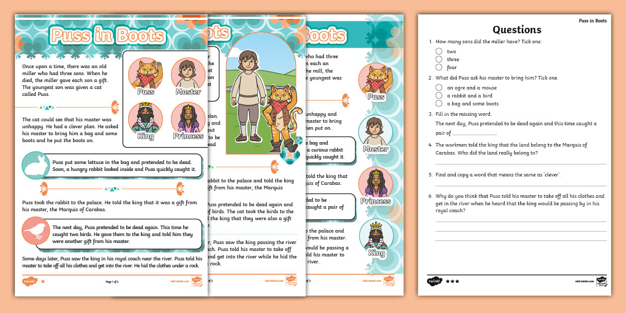 KS1 Puss in Boots Reading Comprehension Activity - Twinkl