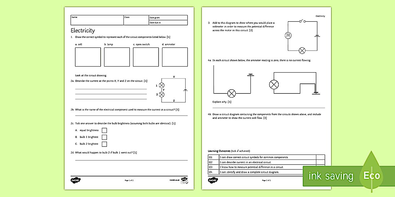 KS3 Current Electricity Homework Worksheet / Worksheet