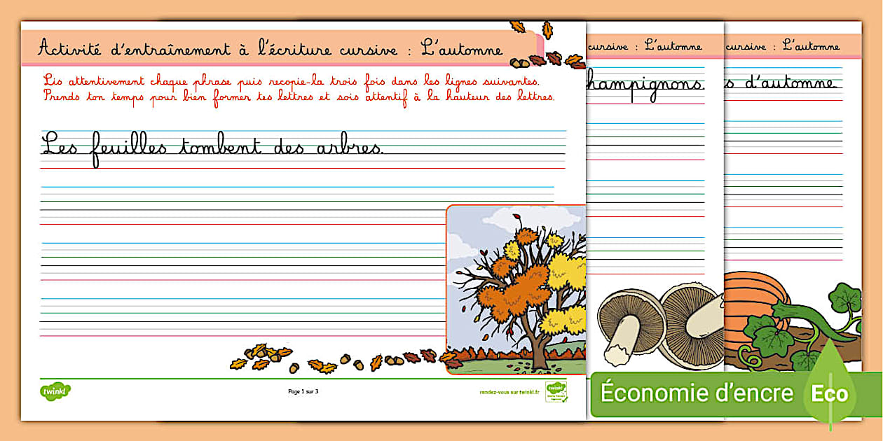 Activité d'entraînement à l'écriture cursive : L'automne