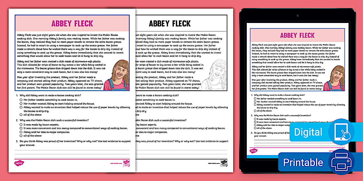Eighth Grade Abbey Fleck Reading Passage Comprehension Activity Worksheet