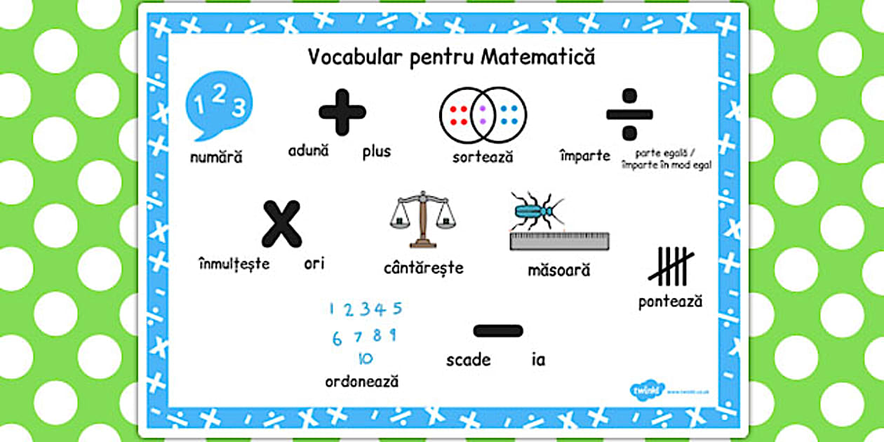 Vocabular pentru Matematica, plansa, numara, aduna, scade, Romanian
