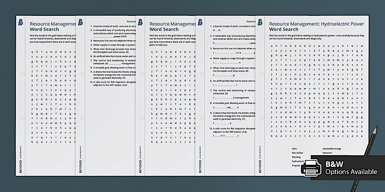 Resource Management Hydroelectric Energy Word Search