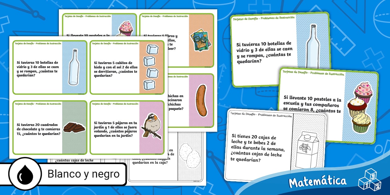 Tarjetas | Problemas | Sustracción | matemática | 1º básico