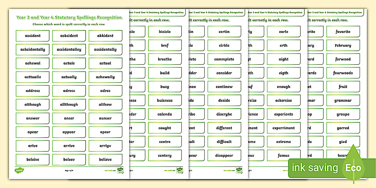 Year 3 and Year 4 Statutory Spellings Recognition Worksheet