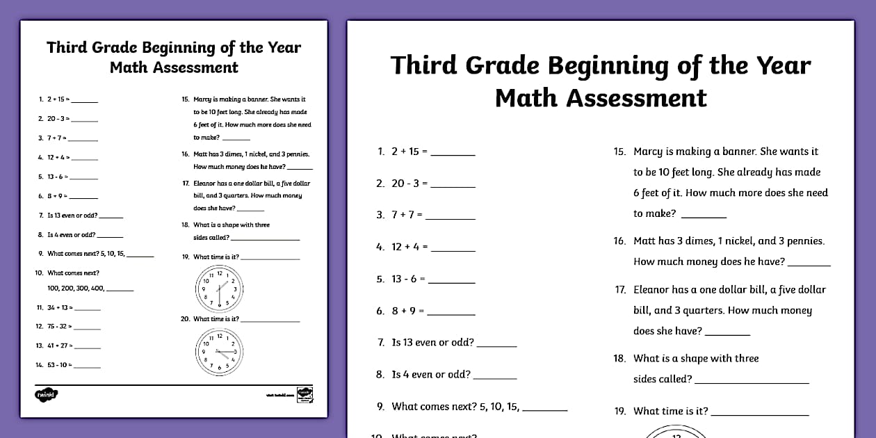 Third Grade Beginning of the Year Math Assessment - Twinkl