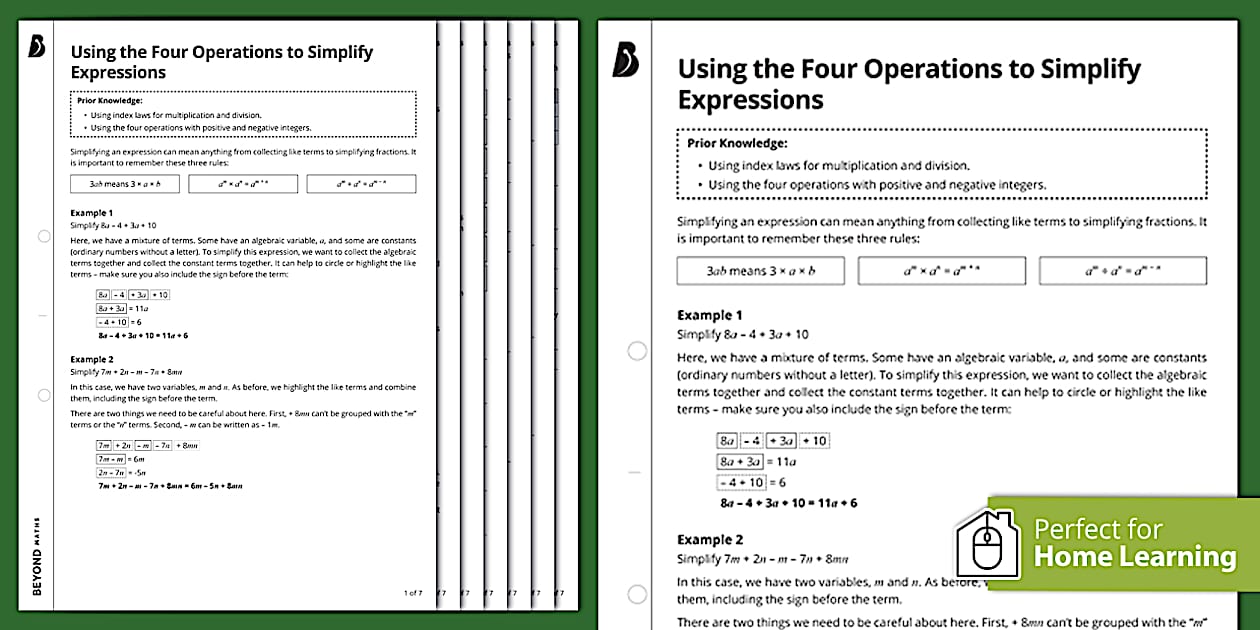 👉 Using the Four Operations to Simplify Expressions Worksheet