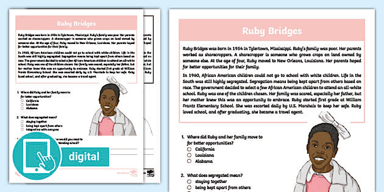 Third Grade Ruby Bridges Reading Passage Comprehension Worksheet