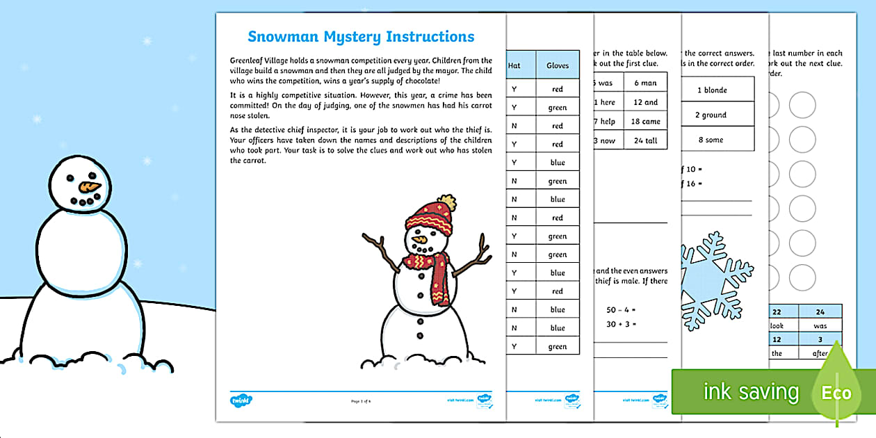 Editable KS1 The Mystery of the Snowman's Nose Problem Solving Game