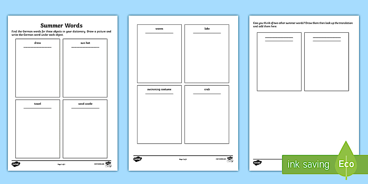 Summer Words Dictionary Activity - German