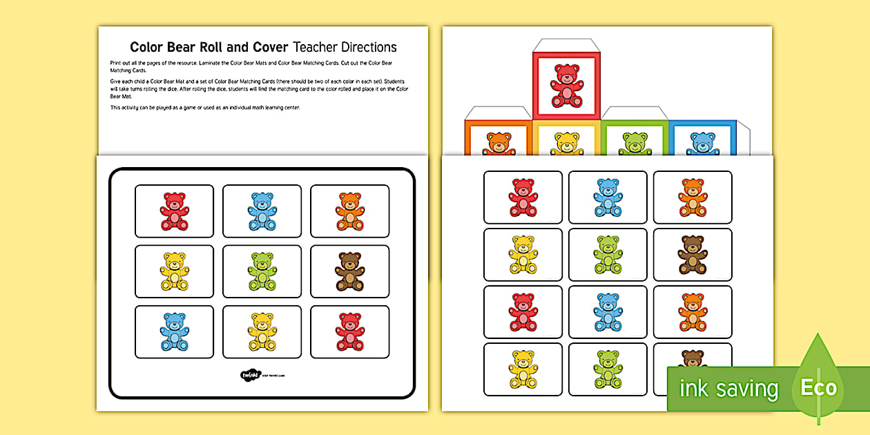 Color Bear Roll and Cover Worksheet (teacher made) - Twinkl