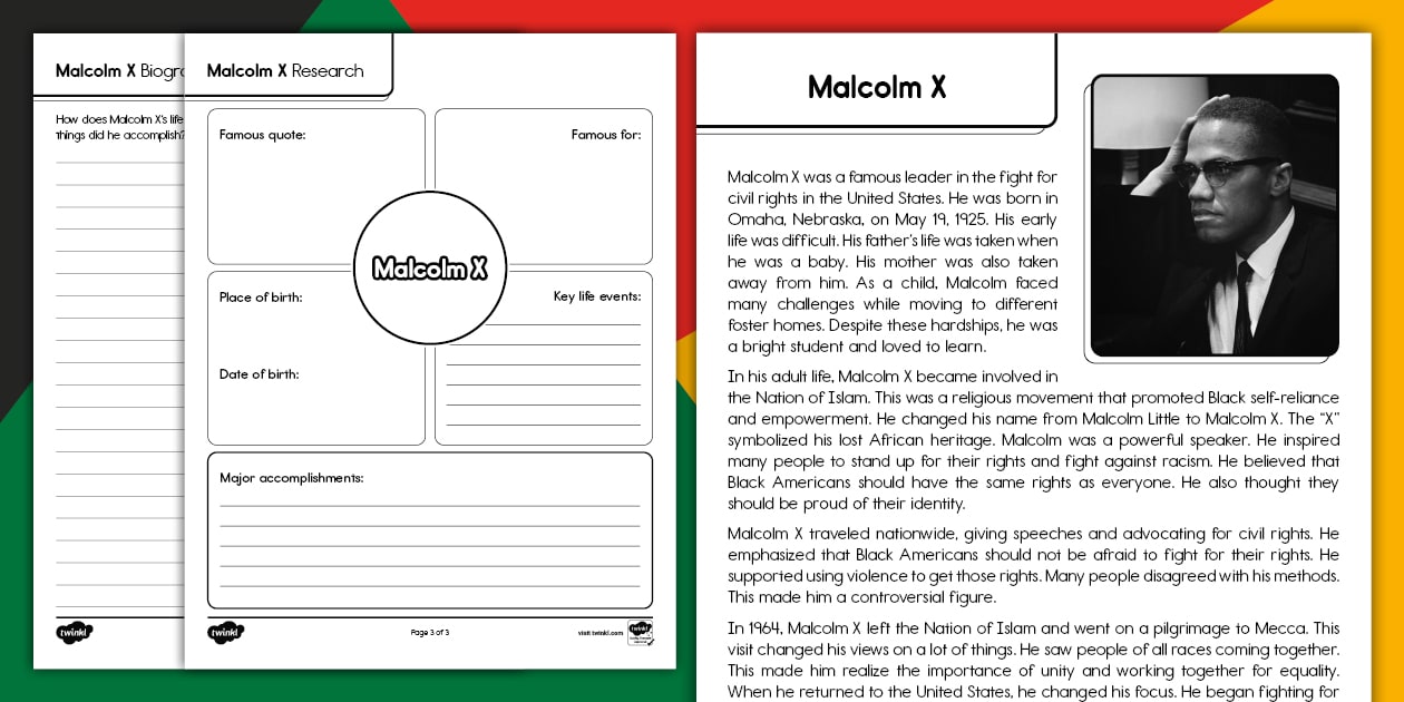 Malcolm X Biography Passage and Worksheets for 3rd-5th Grade