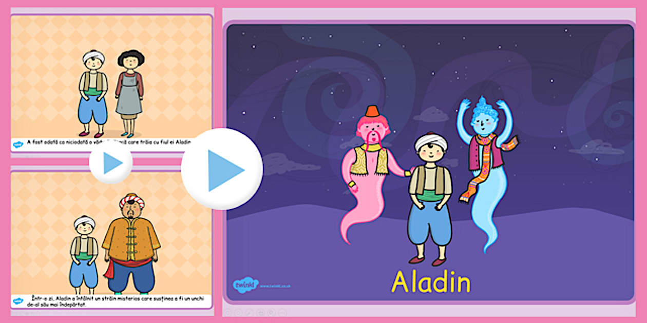 Aladin, powerpoint, lectura, rezumat cu imagini, duhul lampii, Romanian