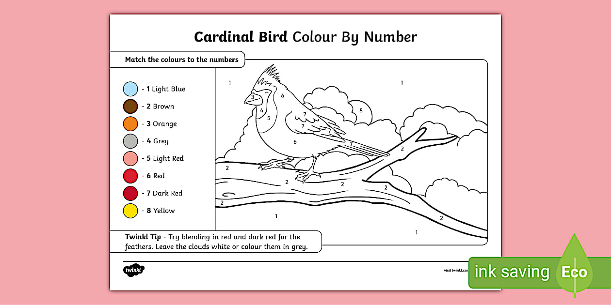 Cardinal Bird Colour-by-Number Worksheet | Twinkl | KS1