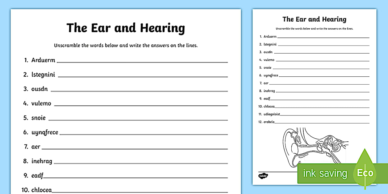 The Ear and Hearing Keywords Word Unscramble - Twinkl