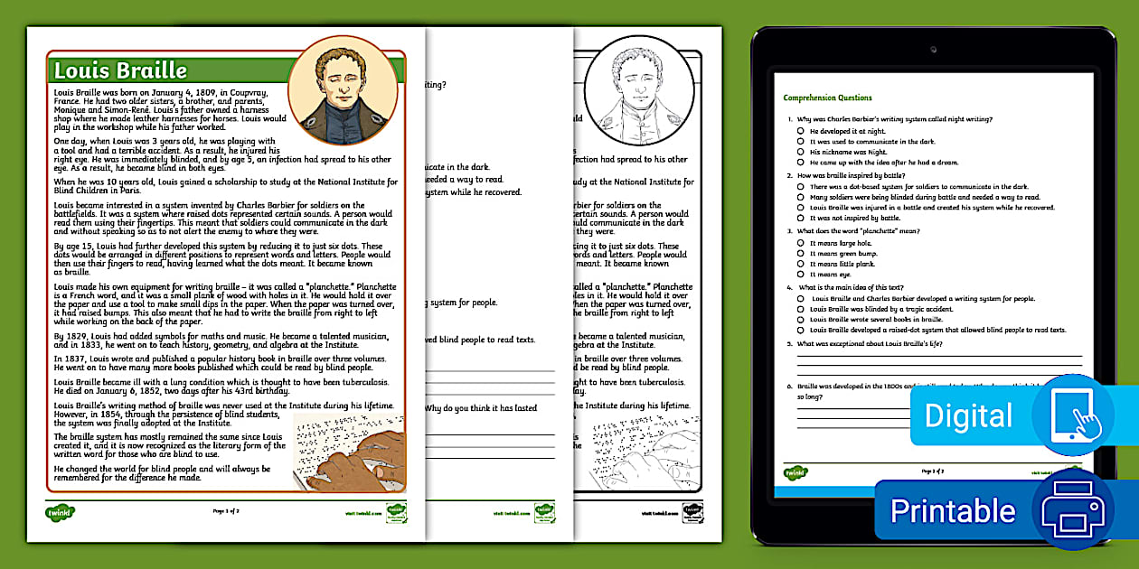 Seventh Grade Louis Braille Reading Comprehension Worksheet
