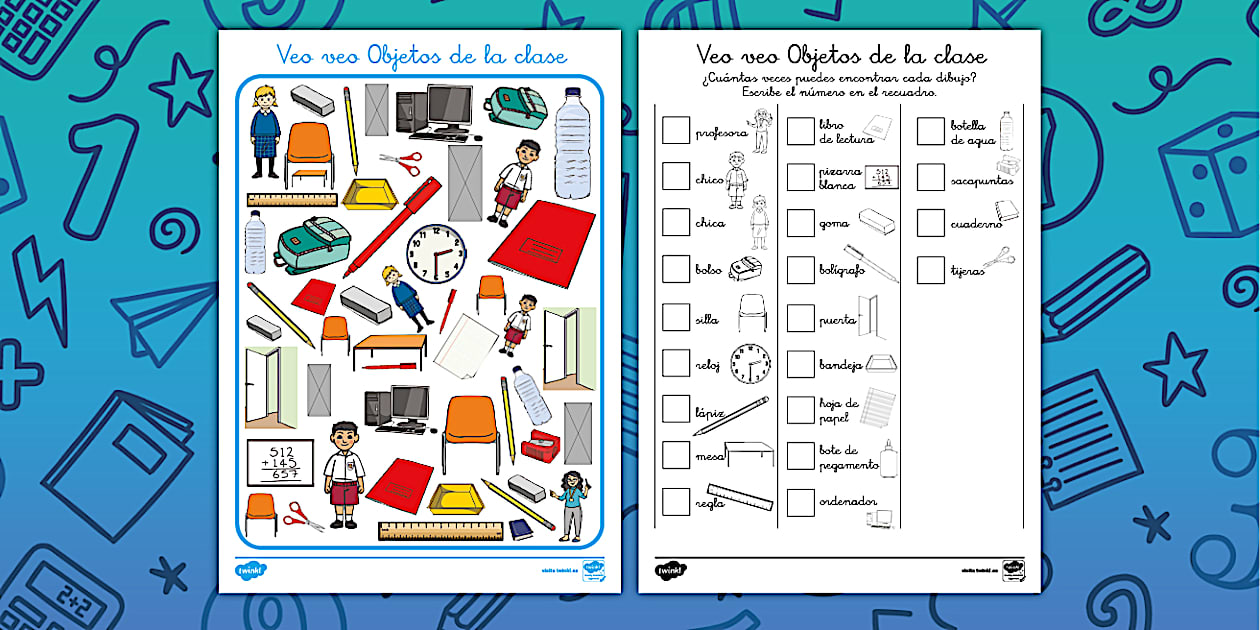 Ficha de actividad: Veo veo - Objetos de la clase - Twinkl