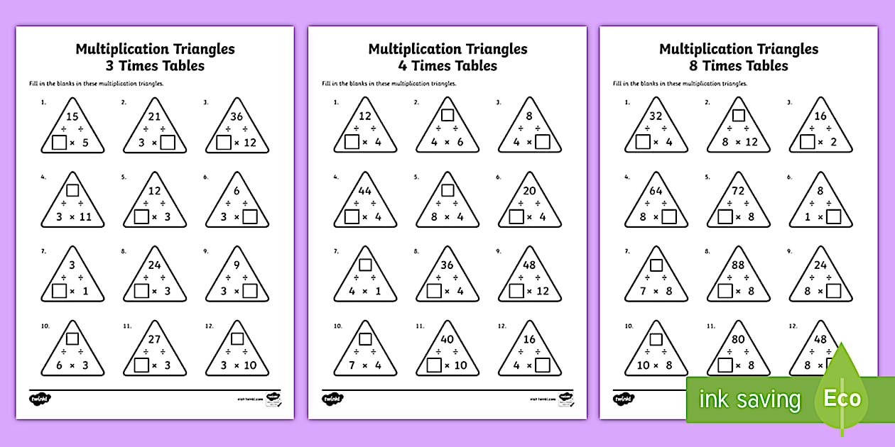 Multiplication Triangles 3, 4 and 8 Times Tables Worksheets - Year 3