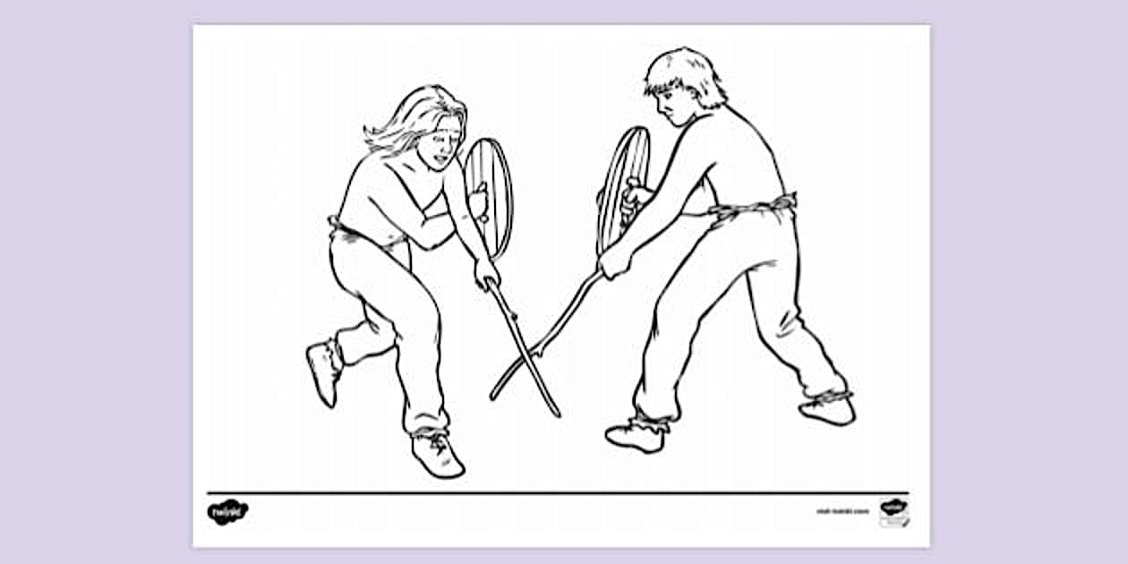 Boys Fighting with Sticks Colouring Sheet (teacher made)