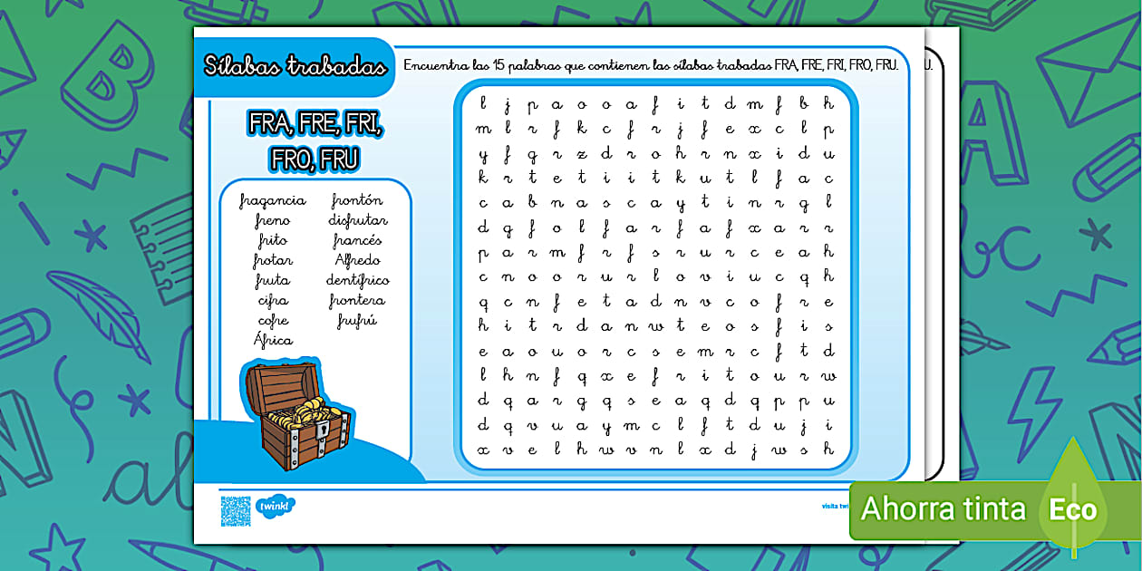 Sopa de letras: Sílabas trabadas FRA, FRE, FRI, FRO, FRU